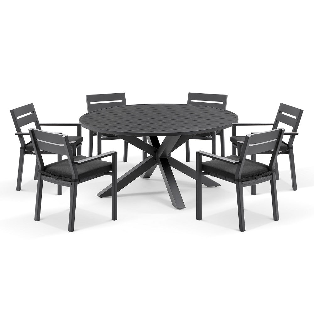 Houston Outdoor 1.5m Round Aluminium Dining Setting with 6 Santorini ...