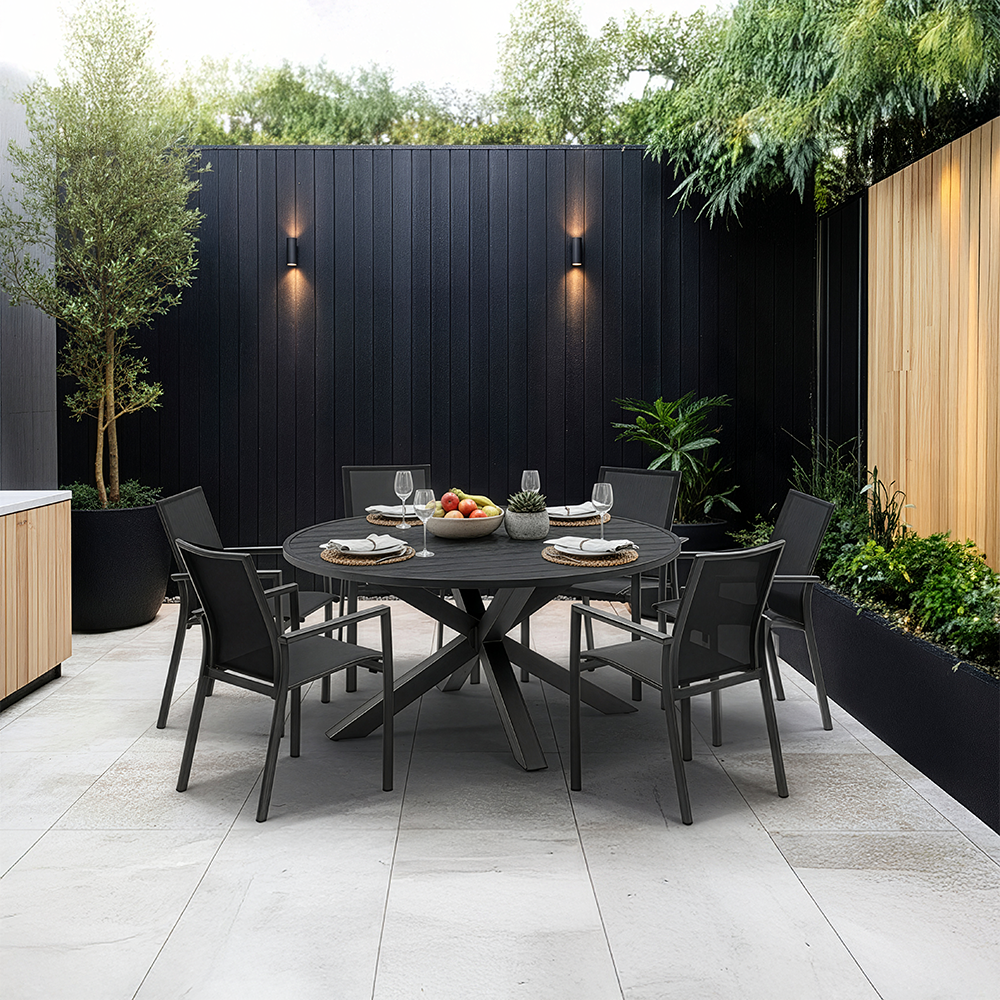Houston Outdoor 1.5m Round Aluminium Table with 6 Patonga Dining Chairs ...