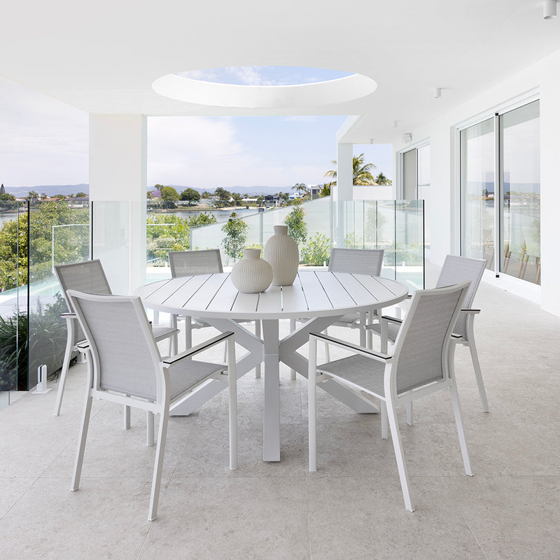 Houston Outdoor 1.5m Round Aluminium Table with 6 Patonga Dining Chairs ...