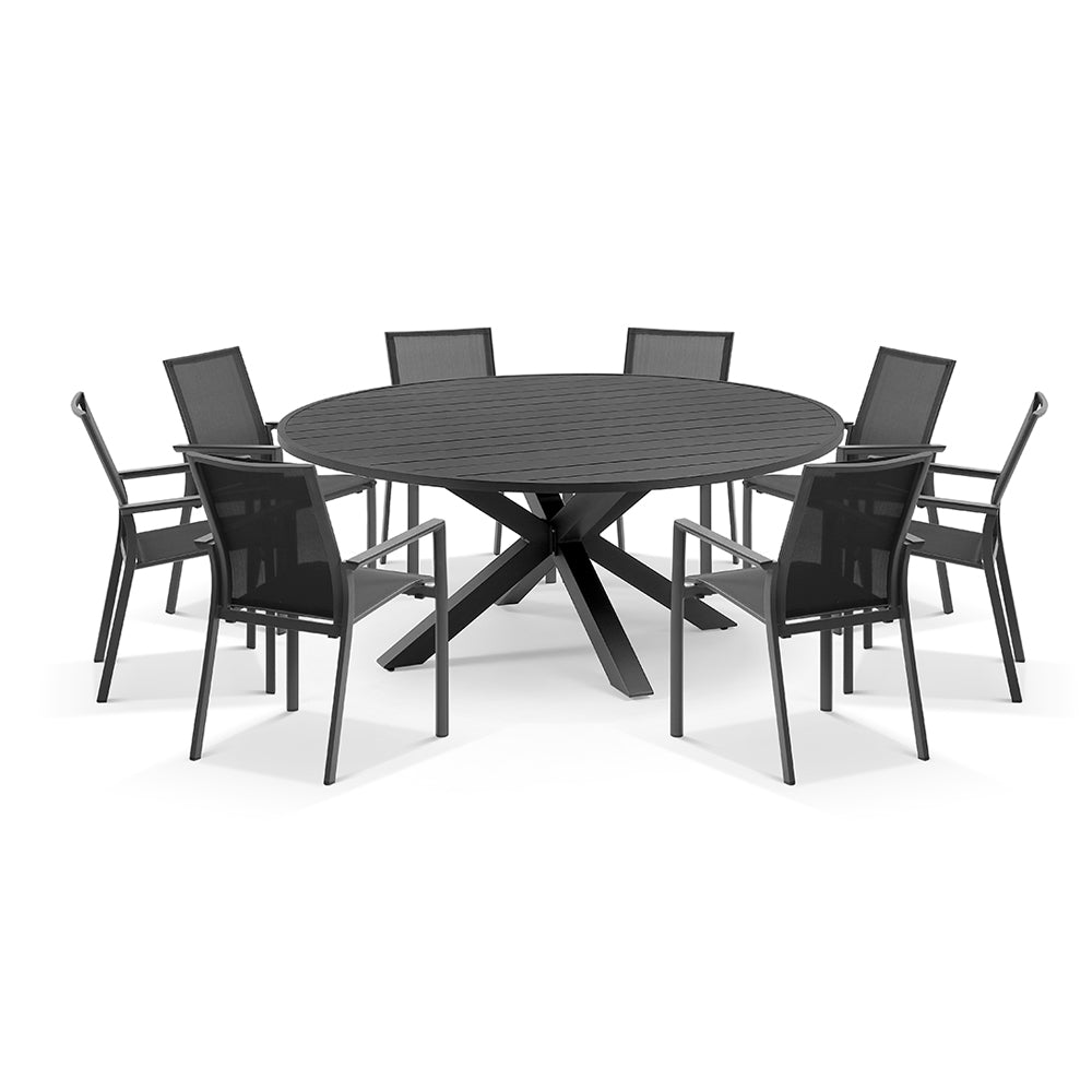 Houston Outdoor 1.8m Round Aluminium Table with 8 Patonga Dining Chairs ...