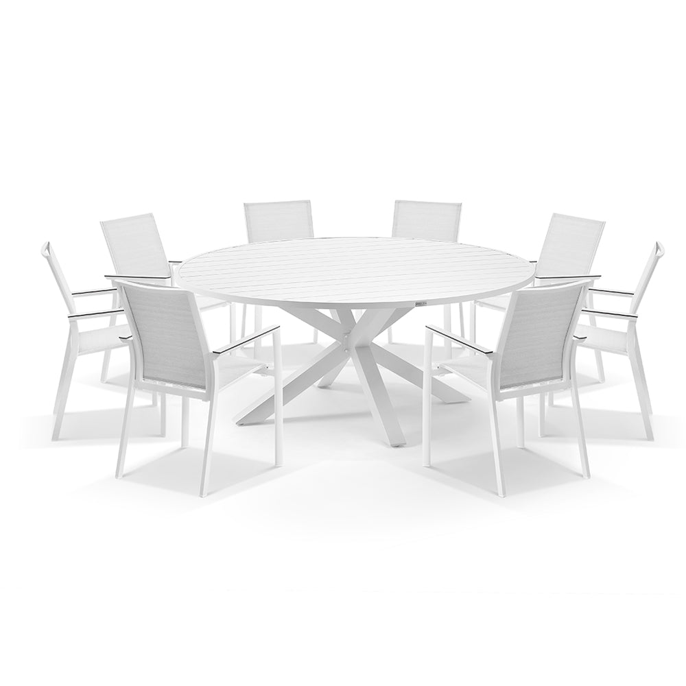 Houston Outdoor 1.8m Round Aluminium Table with 8 Patonga Dining Chairs ...