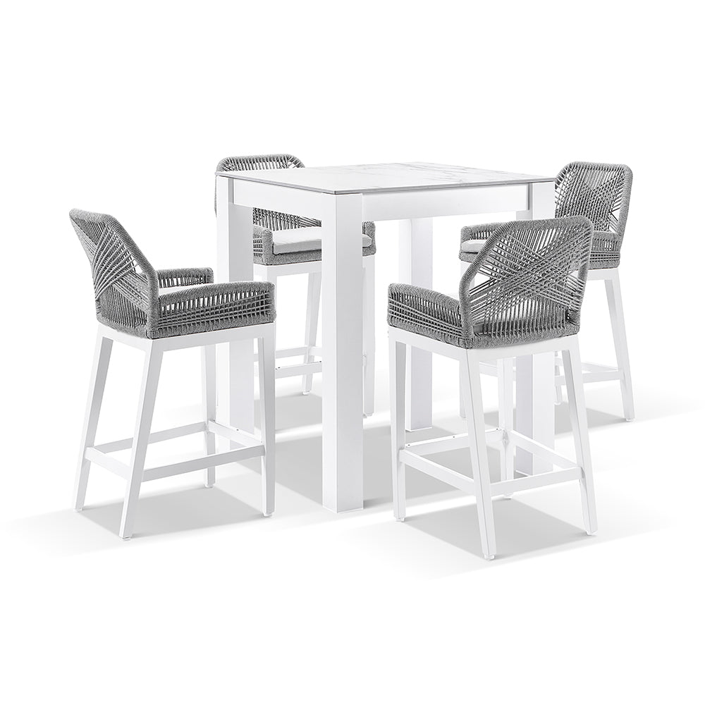 Hugo Ceramic Square Aluminium Bar Table with 4 x Hugo Rope Bar Stools ...